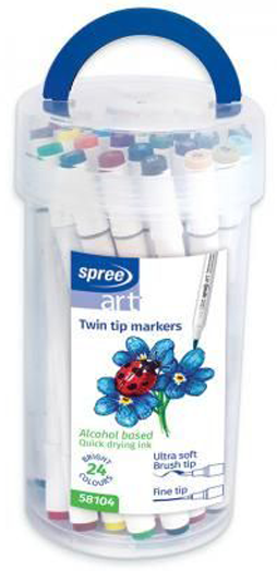 Двувърхи маркери Spree Art - Soft Brush, 24 цвята - Книжарница Orange