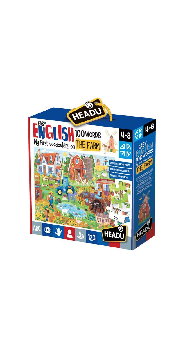 Двустранен пъзел Headu - Първи 100 английски думи, Ферма - Книжарница Orange